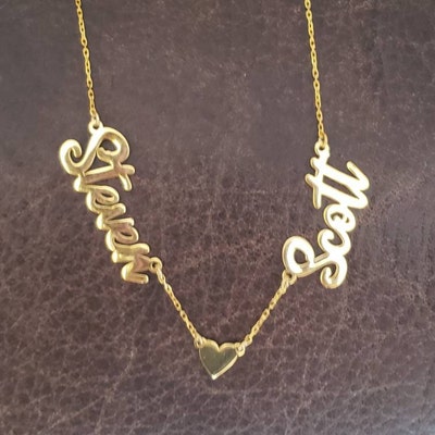 14K Solid Gold Two Name Necklace, 2 Names Necklace Custom Double Name ...
