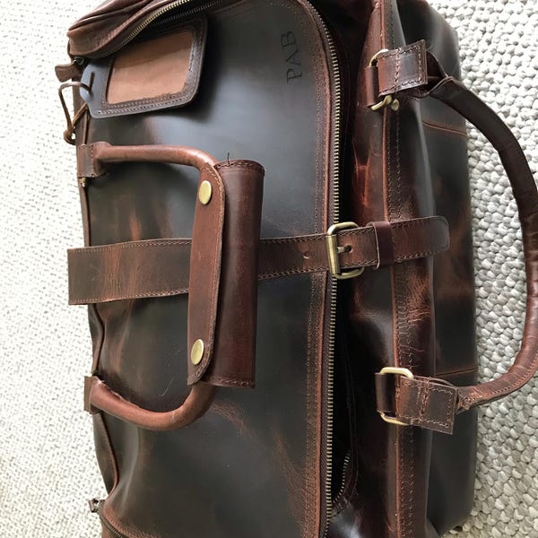 Handmade Full Grain Leather Duffle Bag, Laser Engraved Weekender Carry ...