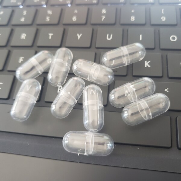 Ten SMALL Clear Pill Capsule Cabochons, Plastic Capsule, Write Your Own ...
