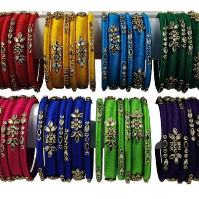 7 Pairs OF Silk Thread Rich Triangle Kundan Stone Work Bangles - Etsy