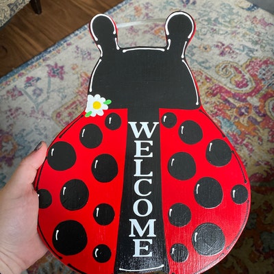 LADYBUG WELCOME Shaped SIGN Seasonal Wall Plaque Home Family Deck Patio ...