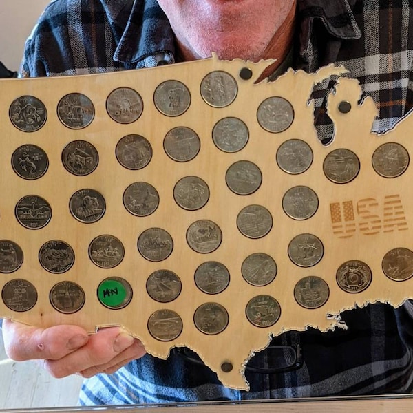 The US 50 State Quarter Coin Holder (for 50 or 56 Coins), Wooden Map ...