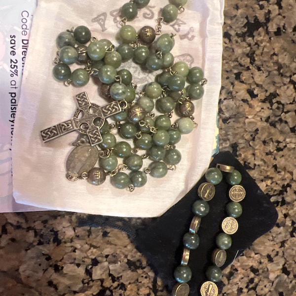 Handmade Catholic Rosary: Green Jade Beads, Celtic Cross, Scottish ...