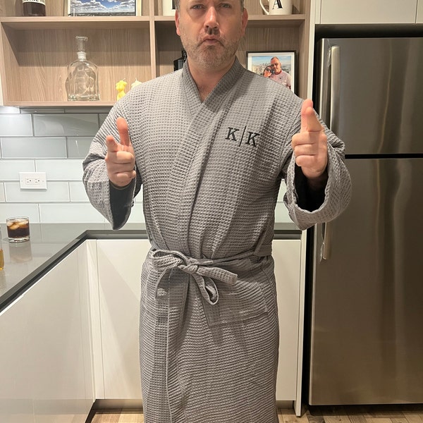 Personalized Gray Waffle Robe Custom Men's Robe Embroidered Robe for ...