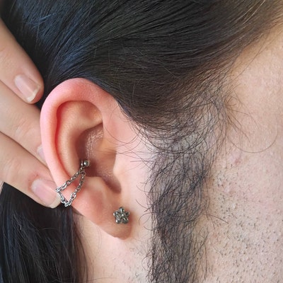 16g Dainty Flower Helix Double Chain Ear Stud, Flat Back Chain Hoop ...