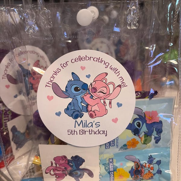 Stitch Lilo Angel Birthday Stickers, Personalized Round Sticker Labels ...