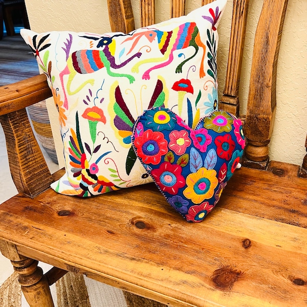 Mexican Heart Pillow / Embroidered Pillow / Colorful Decorative Pillow ...