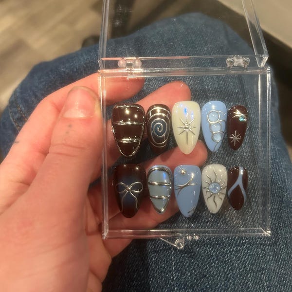 Gothic Blue Press on Nails Long Almond Nails/3d Silver Chrome Nails/bow ...