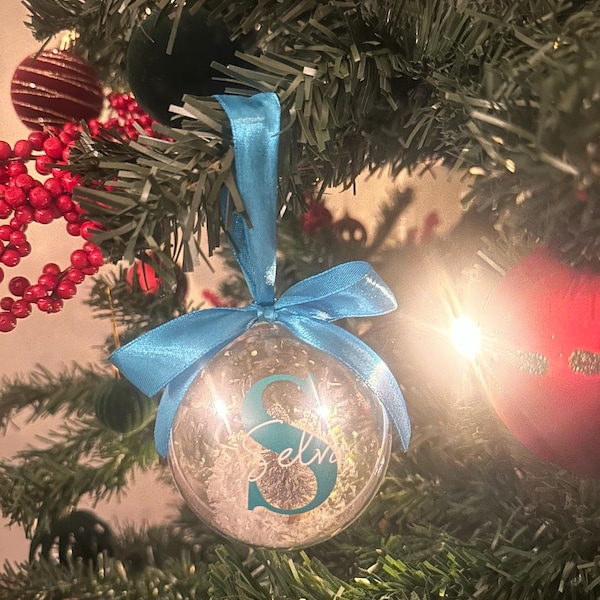 Personalised Christmas Name Bauble, Filled With Snow and Tree, Acrylic ...