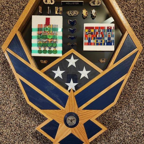 Handcrafted Air Force Shadow Box With Msgt Rank Chevron Silver & Navy ...