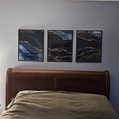 Navy Orange Flower Wall Art Watercolor Floral Art Prints Framed Navy ...