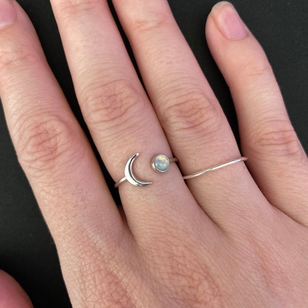 Sterling Silver Opal Moon Ring, Full Moon and Cresent Moon, Adjustable Sized Ring, Open Ring ...