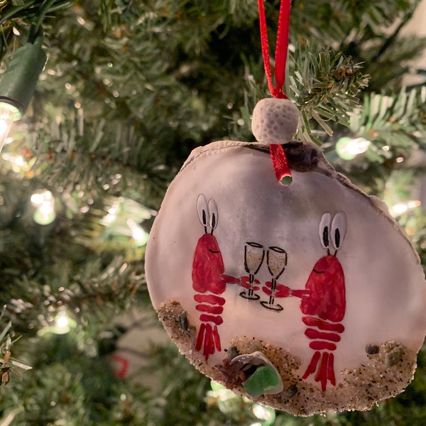 Hand Painted Maine Scallop Shell Ornament - Maine Lobsters Toasting Red ...