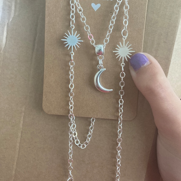 Moon and Stars Chain Linked Double Hoop Earrings, Silver Star Chain ...