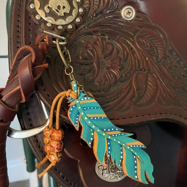 Personalizable Leather Saddle Feathers, Handmade Leather Feather Keychain, Boho Western Saddle ...