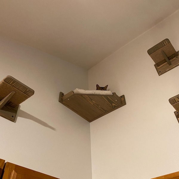 Corner Cat Bed Wall Mounted, Cat Shelf With Cushion, Wood Indoor Cat ...