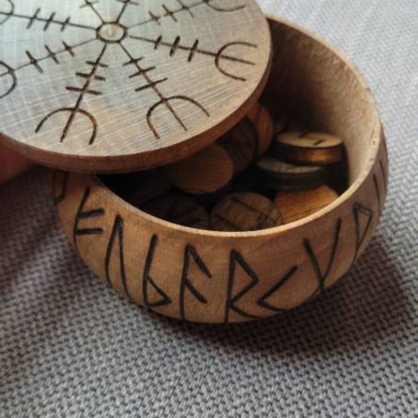 Hand Turned Alder Wood Box of 24 Dark Wood Runes Round Small Rune Set ...