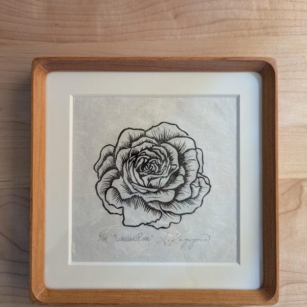 Lokelani Rose Linocut Print, Official Island Flower of Maui, Original ...