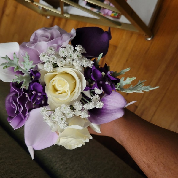 Purple Bridal Bouquet, Plum Lilac Lavender Real Touch Roses Calla Lily ...
