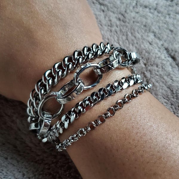 Chunky Multi Layer Silver Bracelet With Heart Charm for Women Bold ...