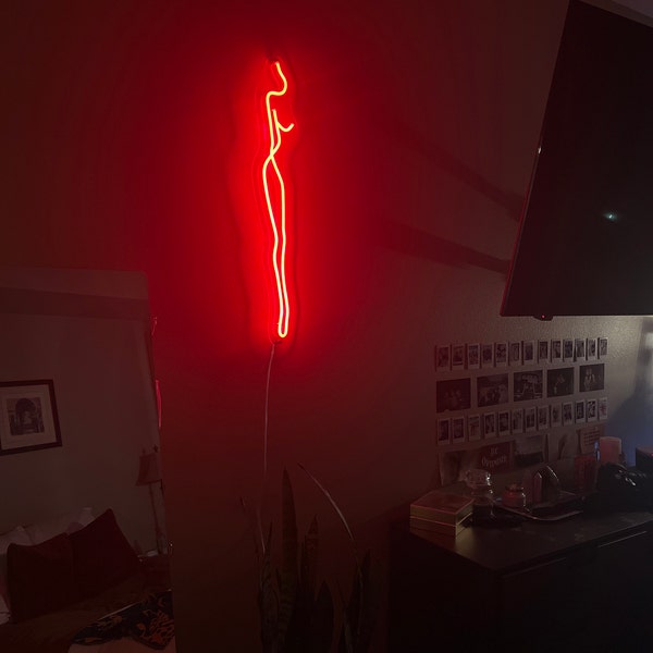 Neon Sign Line Art Woman Face, Female Face Neon Light, Neck and Hands ...