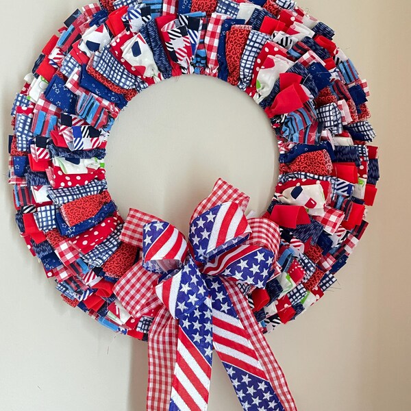 Patriotic Rag Wreath, Patriotic Door Decor, Red White and Blue Wall ...