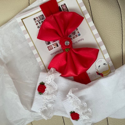 Red Satin Headbands With Matching Sock Red Flower Embroidery Nylon ...