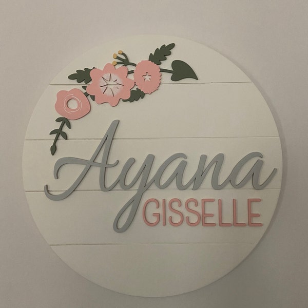 Custom Wooden Floral Name Sign Personalized Round Sign With Flowers ...