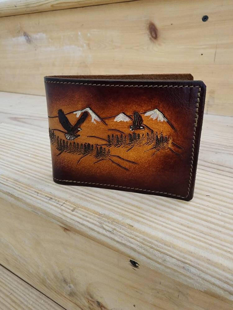 Men's Leather Wallet, 2 Eagles, Personalized, Hand Stamped Leather ...