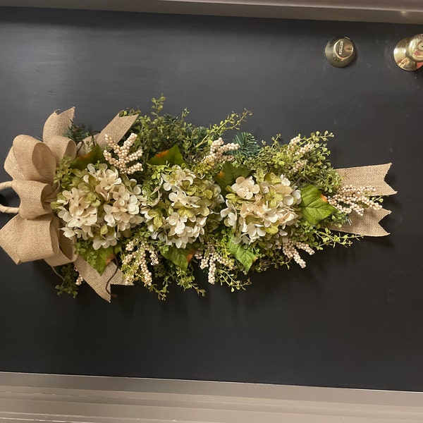 Hydrangea Swag~paradise Blue With Denim Look Bow~front Door Decoration ...