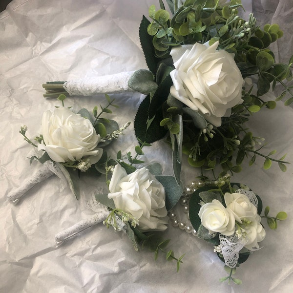 Boho Rose Wedding Bouquet, Realistic White Roses & Greenery Bridal ...