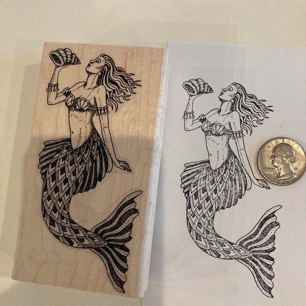 Mermaid With Conch Shell RUBBER STAMP, Fantasy Stamp, Ocean Stamp ...