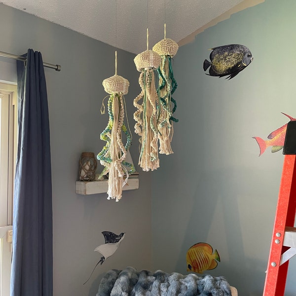 Macrame Hanging Jellyfish, Coastal Sea Creatures Decor, Nautical ...