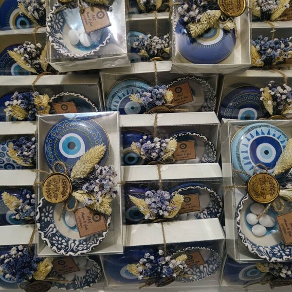 Evil Eye Wedding Favor: Candle, Soap, Ceramic Bowl & Almonds - Etsy