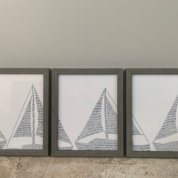 Sailboat Print Triptych | Blue & White Nautical Decor, Coastal Set of 3 ...