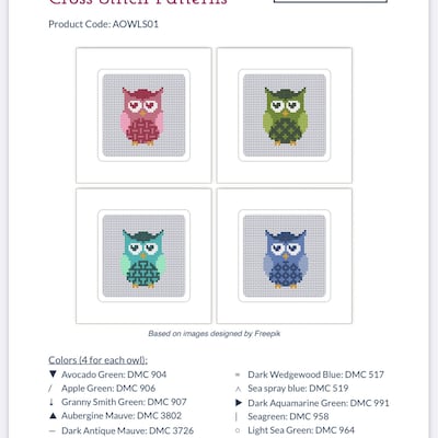 4 Mini Owl Cross Stitch Patterns in Blue, Pink, Green, and Turquoise - Etsy