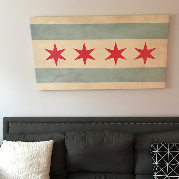City of Chicago Flag Art on Canvas - 3 Panels. Vintage Art, Large ...