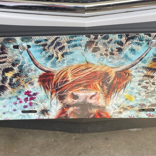 Messy Highland Cow License Plate - Cute - Leopard Print - License Plate ...