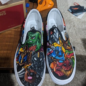Custom Hand Drawn Wolf Shoes: Classic Vans Slip-on With Wolf Howling at ...