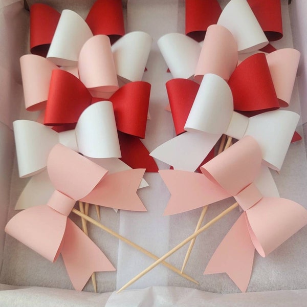 Valentine’s Day Cupcake Topper Bows, Ribbon Cake Toppers, Galentines ...