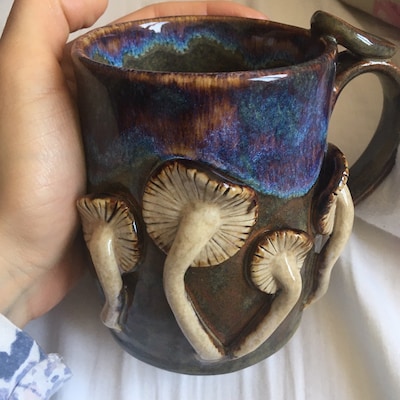 Crystal Mug With Rose Quartz, Mushroom Mug With Crystal, Stoneware ...