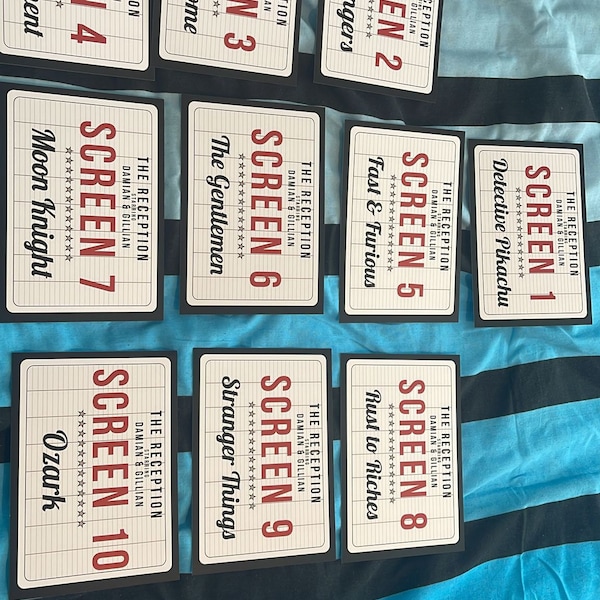 10 Personalised Cinema / Movie / Film Themed Wedding Table Name Signs ...