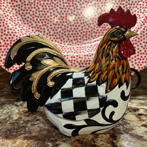 Hand Painted Rooster, Whimsical Black and White Check Gold Detail, 6 ...