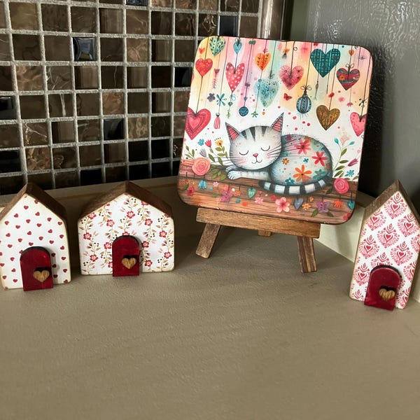 Mini Wooden Love Houses Set, Heart Decor Cottagecore Village, Romantic ...