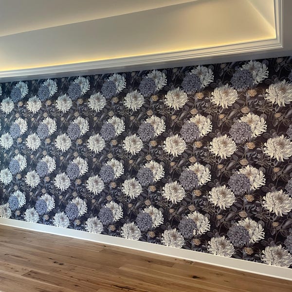 Elegant Blue Floral Wallpaper With Large Chrysanthemums for ...