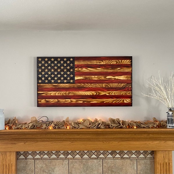 Wood American Flag, Hand Carved,burned American Flag, Rustic Wood Flag ...