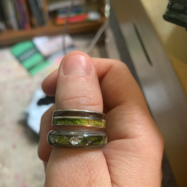 Titanium Wedding Band With Dark Oak, Titanium Ring With Hydrangea Green ...
