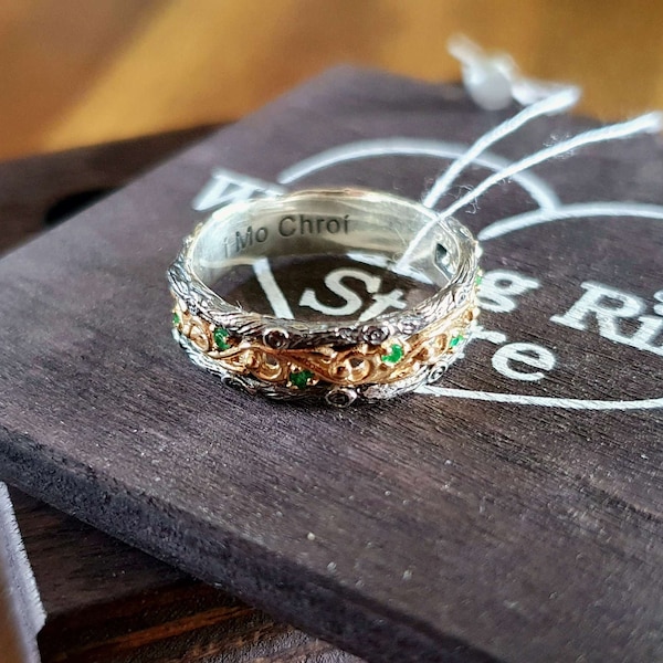 Branch Silver & Gold Vine Ring With Natural Emerald Stones, Wedding ...