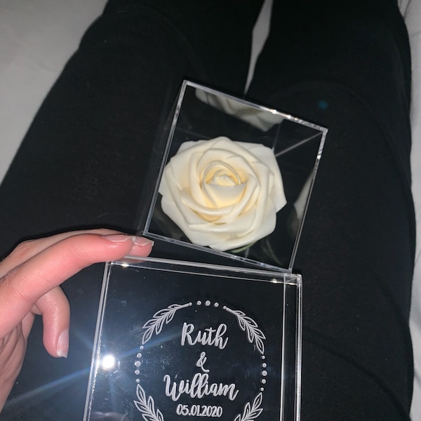 Acrylic Cube Ring Box With Rose Ring Holder - Etched Clear Wedding Ring ...