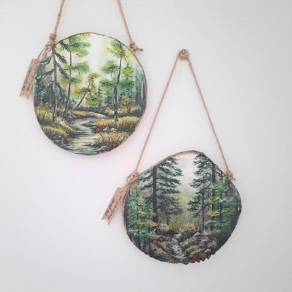 Hand-painted Forest Wall Art on Wood Slice Panel – Nature-inspired ...